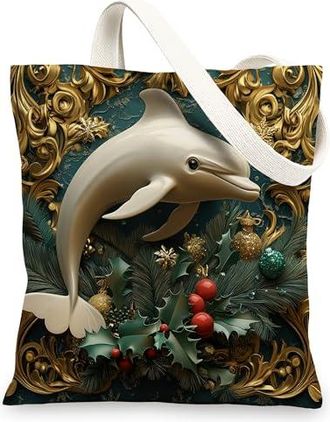 Generic Sac fourre-tout en toile motif dauphins de No&euml;l pour faire du shopping, 33 x 38,1 cm, sac d&eacute;picerie de luxe r&eacute;utilisable pour femme, peinture de vie m