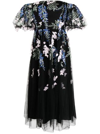 Marchesa Schulterfreies Kleid mit Blumenstickerei - Schwarz