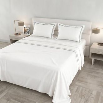 Italian Bed Linen Venere Maxi-Bettw&auml;sche-Set f&uuml;r Doppelbett, 100% Baumwolle, hergestellt in Italien, wei&szlig;es Bettw&auml;sche-Set, 2 Kissenbez&uuml;ge mit Volant, Doppelbett Bourdo