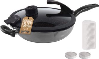 STONELINE Future Aluguss Pfanne hoher Rand 24 cm Schmorpfanne mit Deckel Geruchsfilter kleinste Dunstabzugshaube, Pfanne Antihaftbeschichtet mit echten Steinpar
