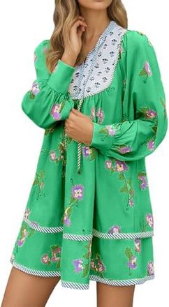 Generic Robe boh&egrave;me 2026 pour femme - Mini robe chemise florale - Col en V - Manches longues - V&ecirc;tement de d&eacute;tente d&eacute;contract&eacute;, Vert, XXL