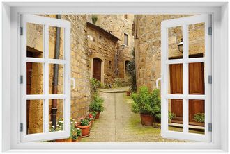 Wallario selbstklebendes Poster - Weg durch die Altstadt - Toskana in Italien, Aufkleber in Premiumqualität, Klebefolie Größe: 61 x 91,5 cm mit Fenster-Illusio