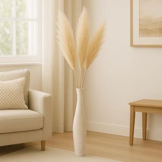 Leewadee Leewadee Grand Vase A Poser Au Sol pour Branches D&eacute;coratives De Pampa, Vase en Bois De Manguier, 65 cm, Blanc