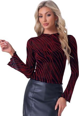 Allegra K Haut en Maille Transparente Femme Chemisie en Tulle Sexy Extensible Top à Paillettes Rayé Blouse Manches Longues Évasées Col Montant Rouge L