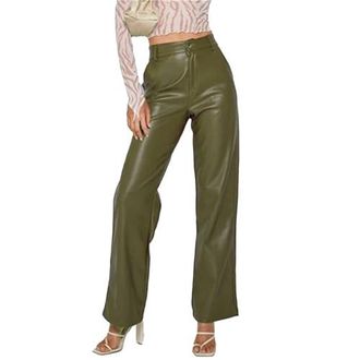 Generic FUNRKLI Nouveau Style Femmes Mince &eacute;lastique Affaires Pantalons d&eacute;contract&eacute;s en Cuir Pantalon Mode Taille Haute Pantalon &eacute;vas&eacute; arm&eacute;e Vert L