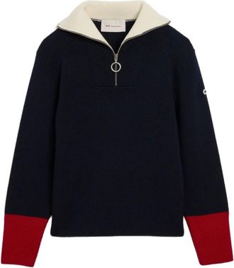 Ami Pull Col Roul&eacute; Quart de Zip &agrave; Blocs de Couleurs en Maille C&ocirc;Tel&eacute;e - Homme - Pulls - Bleu - Taille: L