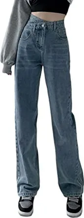ORANDESIGNE Baggy Jeans Taille Haute Femmes Y2K Jeans Ample Denim Pantalon Jeans Taille Haute &Agrave; Jambes Larges Streetwear avec Poche T Bleu Clair XS