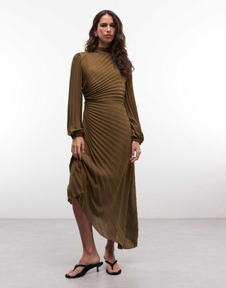 AllSaints Milena - Robe mi-longue pliss&eacute;e &agrave; manches longues et fronces - Vert olive