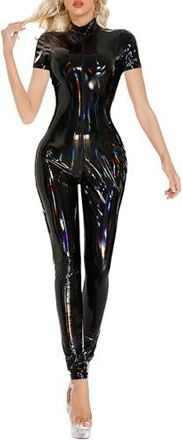 Feoya Combinaison dune pi&egrave;ce PU en cuir synth&eacute;tique pour femmes avec paillettes, effet mouill&eacute;, bodycon, sans manches, combinaison en cuir brillant, costume