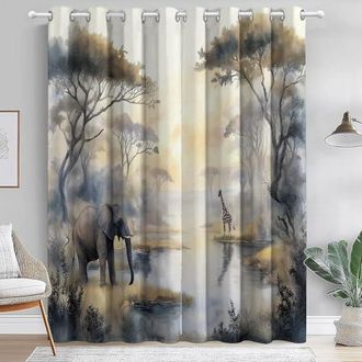Generic Rideau Thermique Isolant - Rideaux Occultant Draperies à Oeillets Motif Aquarelle Savane Africaine Animaux Décoration pour Maison Salon Fenetre, 91.5L