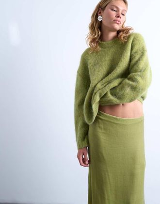 Topshop Pull coupe carrée à col ras de cou en alpaga de qualité supérieure - Vert