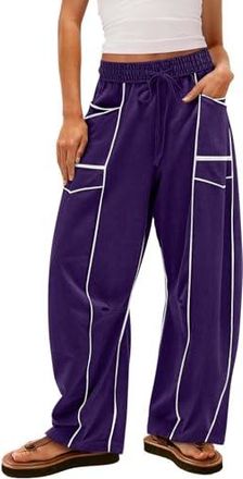 Generic Pantalon de jogging &agrave; jambes droites avec cordon de serrage pour femme - Pantalon ample en coton doux - Motif &agrave; rayures - Patchwork - Pantalon de surv