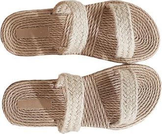 Hemoton Sandales En Paille Simul&eacute;e Plat Pour Femmes, Semelle Plate L&eacute;g&egrave;re, Beige Taille 40, Pantoufles D&eacute;contract&eacute;es Pour Plage, Maison Et Promenade Ext&eacute;rieur