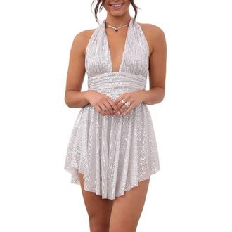 Generic Jupe &agrave; paillettes &agrave; col en V profond pour femme - &Eacute;l&eacute;gante robe dos nu &agrave; paillettes avec dos ouvert - Ourlet haut et bas pour soir&eacute;e, cocktail, f&ecirc;te -