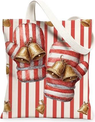 Generic Sacs fourre-tout en toile ray&eacute;s, mignons motifs moufles r&eacute;utilisables, sacs de courses festifs, vacances l&eacute;g&egrave;res, lavables en toile d&eacute;paule, Rouge, 13