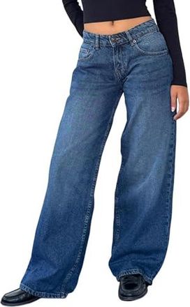 Onsoyours Jean Femme Taille Basse Coupe Droite Straight Jeans Y2K Baggy Jambes Larges Pantalon en Denim Automne Hiver Elastique Jeans A Bleu 02 XXL