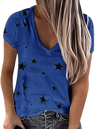 Onsoyours T-Shirt Femme À Manches Courtes Grande Taille Été Ample Casual Col en V Tops Femme Sexy Imprimé Top Colorées Mode Blouse Haut A Bleu 34