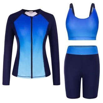 Grace Karin Maillot de bain 3 pi&egrave;ces pour femme - Manches longues - Avec fermeture &eacute;clair - &Eacute;l&eacute;gant - Tankini - Avec veste - V&ecirc;tement de surf, D&eacute;grad&eacute; de bleu, L