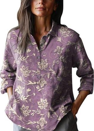 Generico Chemise Femme &Eacute;l&eacute;gant &agrave; Manches Longues Chemises en Lin Coton Curvy Grande Taille T Shirt Col en V Doux Blouse Vintage Imprim&eacute; avec Boutons Classique 