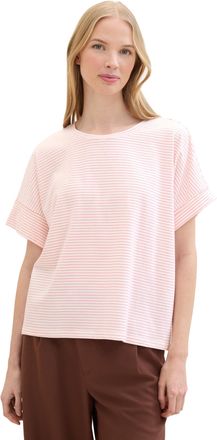 Tom Tailor Damen Basic Boxy T-Shirt mit Streifen, offwhite pink stripe, XXL