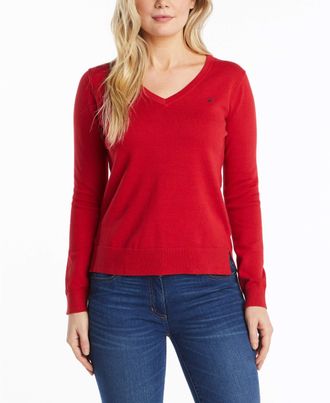 Nautica Damen Effortless J-klasse Langarm 100% Baumwolle mit V-Ausschnitt Pullover, Nautisches Rot, Klein