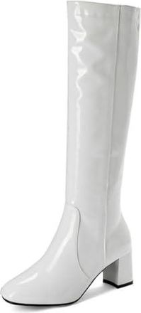 Generic MiaZane Bottines Femme Genou Cuir Vernis Talon Bloc Finition Brillante Chaussures D&eacute;claration de Mode pour Tenue de F&ecirc;te Streetwear et Styles Automne 