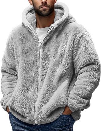 Generic Sweat &agrave; capuche sherpa pelucheux pour homme - Veste dhiver zipp&eacute;e en polaire chaude moelleuse &eacute;paisse et confortable &agrave; manches longues avec fermeture 