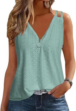 Onsoyours Débardeur Femme à Oeillet Broderie Chic et Élégant Haut Été Col V sans Manches Sexy Bretelles Spaghetti Cami Tops A Vert M