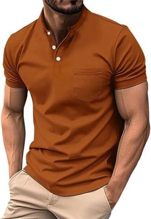 Generic Polo en coton pour homme avec col en bande - Chemises formelles &agrave; manches courtes - Col 1/4 - Coupe droite - T-shirt Henley avec poche de poitrine - D