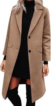 Generic Winter Long Coats for Women Elegant Wool Pea Coat Lapel Collar Single Breasted Mid Long Winter Overcoats Camel Small