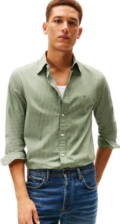 Tommy Hilfiger Herren Core Hairline Poplin Rf Shirt Mw0Mw41399 Hemd L/S, Green (Mountain Pine/Stripe), M