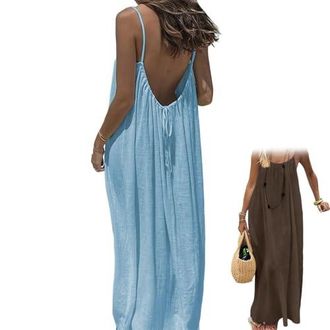Generic Robe caraco dos nu de couleur unie pour femme, robe longue d&eacute;contract&eacute;e pour la plage, les vacances, bleu clair, XL