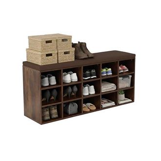 Relaxdays Schuhbank, Sitzkissen & 15 F&auml;cher, Flur, Garderobe, Schlafzimmer, Schuhregal, Schuhaufbewahrung, Dunkelbraun