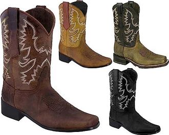 Generic Western Bottines d&eacute;quitation pour femme - Bottes de cowboy en cuir - Bottes basses &agrave; bout carr&eacute; - Bottes d&eacute;quitation vintage &eacute;l&eacute;gantes - Bottes courte