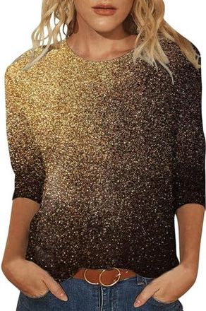 Generic Hauts &agrave; paillettes pour femme - Chemisiers festifs pour femme - Manches 3/4 - Col rond basique - Tunique l&eacute;g&egrave;re - Automne et hiver - Paillettes scinti