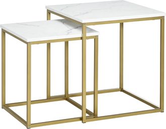 HOMCOM Couchtisch 2er Set Beistelltisch mit Marmoroptik, Stahlrahmen, Stapelbar, Wohnzimmertisch Kaffeetisch Sofatisch für Wohnzimmer Schlafzimmer, Weiß+Gold