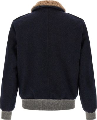 Brunello Cucinelli Cashmere Bomber with Shearling Collar Jacket - Navy