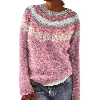 Generic Pull Islandais Femme, Pull Norv&eacute;gien Femme Hiver Chaud 2025 Pull Femme sans Capuche Pullover Top Grande Taille Mohair Pull Jacquard Irlandais Sweater 
