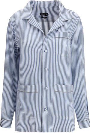 Tom Ford Chemise de pyjama en soie ray&eacute;e avec passepoil et logo brod&eacute; - Femme - Blouses et Chemises - Bleu - Taille: 34 FR
