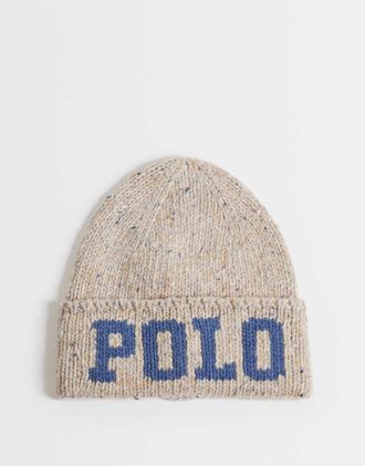 Polo Ralph Lauren bonnet en maille &agrave; grand logo Polo beige-Gris