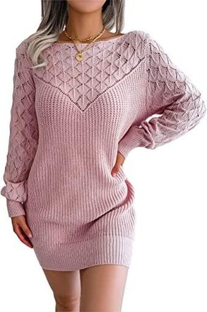 Onsoyours Femme Robe Décontractée Hiver Robe Pull Taille Haute Col Rond Élégante Col Haut Ourlet Évasé Robe Trapèze Robe en Tricot Ajustée Chaude Au Genou D Ros