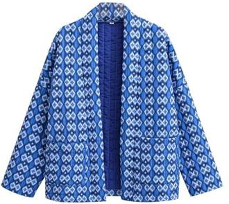 Generic 2026 Vestes courtes pour femmes, veste matelass&eacute;e &agrave; motif floral, cardigan imprim&eacute;, l&eacute;ger, ouvert sur le devant, manteau rembourr&eacute;, bleu, S