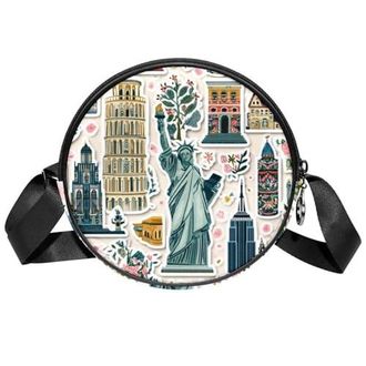 Generic Sac &agrave; bandouli&egrave;re rond pour femme, motif monument, petit sac &agrave; dos &agrave; bandouli&egrave;re avec fermeture &eacute;clair, bretelles r&eacute;glables, sac &agrave; main rond d&eacute;contrac