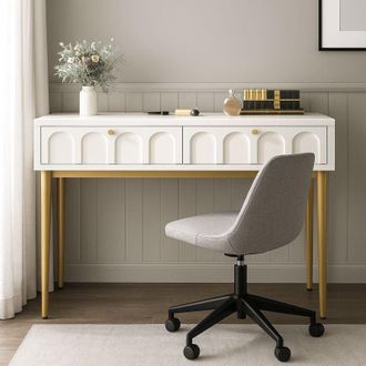 Urban Meuble Urban Meuble - Bureau &eacute;l&eacute;gante avec 2 tiroirs blanc cr&egrave;me structure et poign&eacute;e dor&eacute;e 100x45cm