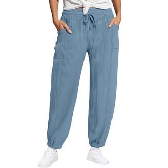 Generic Nuoke pantalon fluide femme &eacute;t&eacute;,Pantalon large en lin pour, d&eacute;contract&eacute;, ample, taille haute, pour la plage, avec poches Short Pyjama Carreaux (Light 