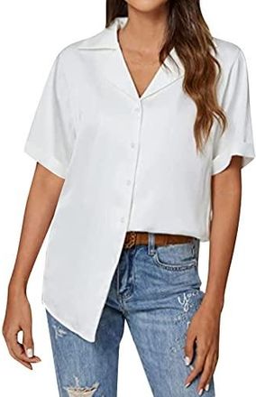 Generic T-shirts et chemisiers pour femme - Haut &agrave; manches courtes confortable - Chemise boutonn&eacute;e &agrave; manches courtes - Couleur unie - Chemise surdimensionn&eacute;e 