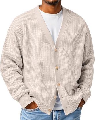 Generic Cardigan d&eacute;contract&eacute; et ample en tricot torsad&eacute; avec col en V et col en V pour homme, l&eacute;ger, beige, 5XL