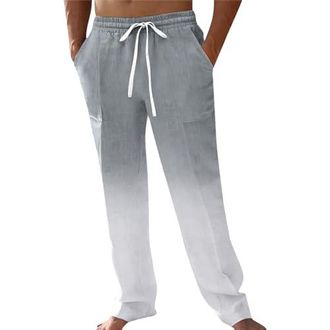 Generic Pantalon baggy en coton et lin pour homme - D&eacute;contract&eacute; et tendance - Couleur unie - D&eacute;grad&eacute; - Pantalon de plage en lin respirant, gris, XXL