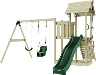 REBO Spielturm mit Wellenrutsche und 2X Kinder-Schaukel, Outdoor Kletterger&uuml;st Garten mit Plattform,Smaragdgr&uuml;n