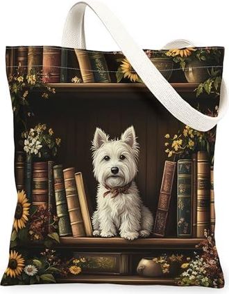 Generic Spring Westie Sac fourre-tout en toile r&eacute;utilisable pour faire du shopping, 33 x 38,1 cm, imprim&eacute; floral, chiot pour femme, animal domestique, plage, 